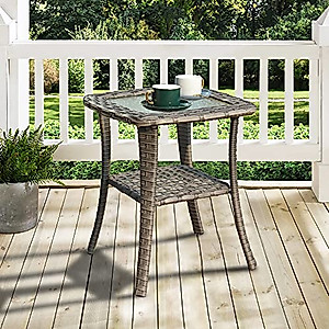 ovios Outdoor Side Table Patio Coffee Table Wicker Rattan Table Garden Tea Table Patio Table with Glass Top for Backyard Deck Balcony, Grey Wicker