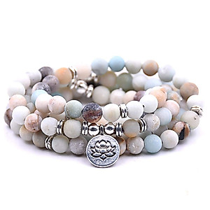 108 Natural Beads Mala Yoga Bracelet with Lotus Charm (Amzonite)