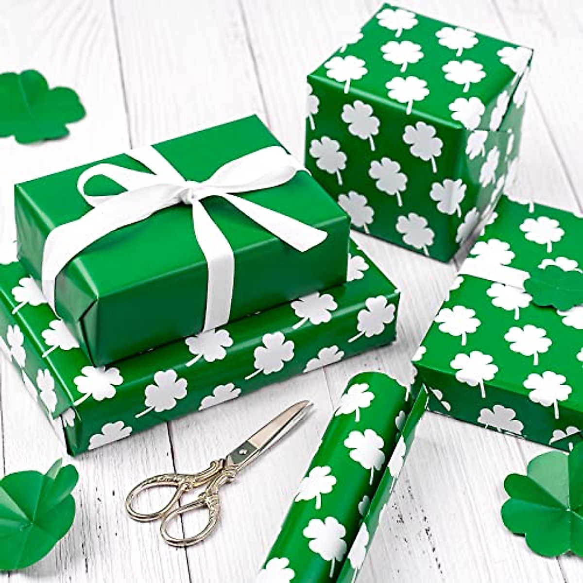 WRAPAHOLIC Reversible Wrapping Paper - Mini Roll - 17 Inch X 33 Feet - St. Patrick Green and White Lucky Clovers Design for Celebration, Baby Shower