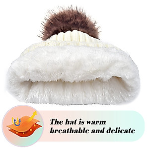 Women Winter Beanie Hat Scarf Touchscreen Gloves Set White, Warm Fleece Lining with Cute Pom Pom Cold Weather Soft Fashion Knitted Cap Lady