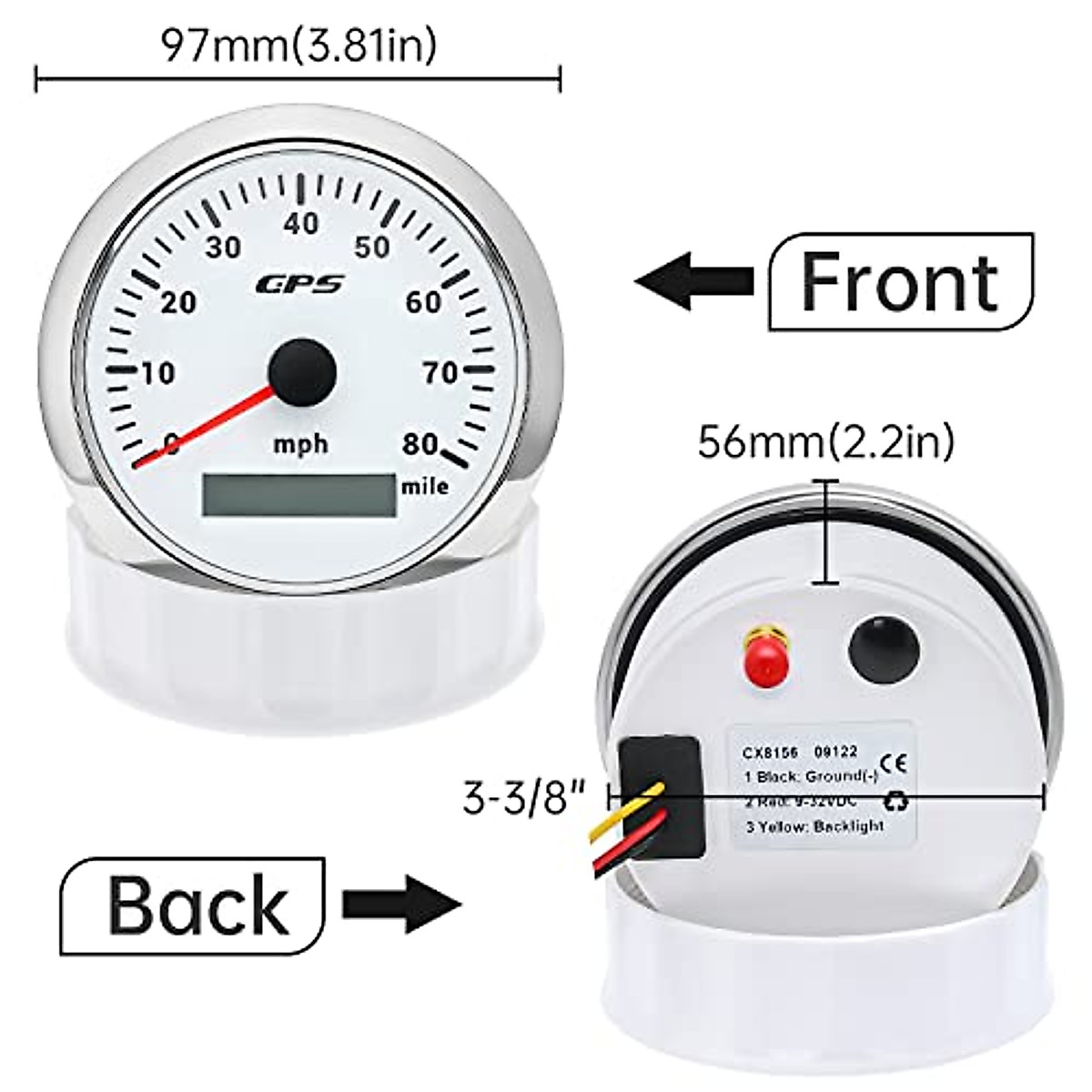 ARTILAURA GPS Speedometer Car Boat GPS Speedometer 85mm 3-3/8" 7 Color 80MPH Waterproof Gauge 9-32V for AUTO Motorcycle Marine Truck (White)