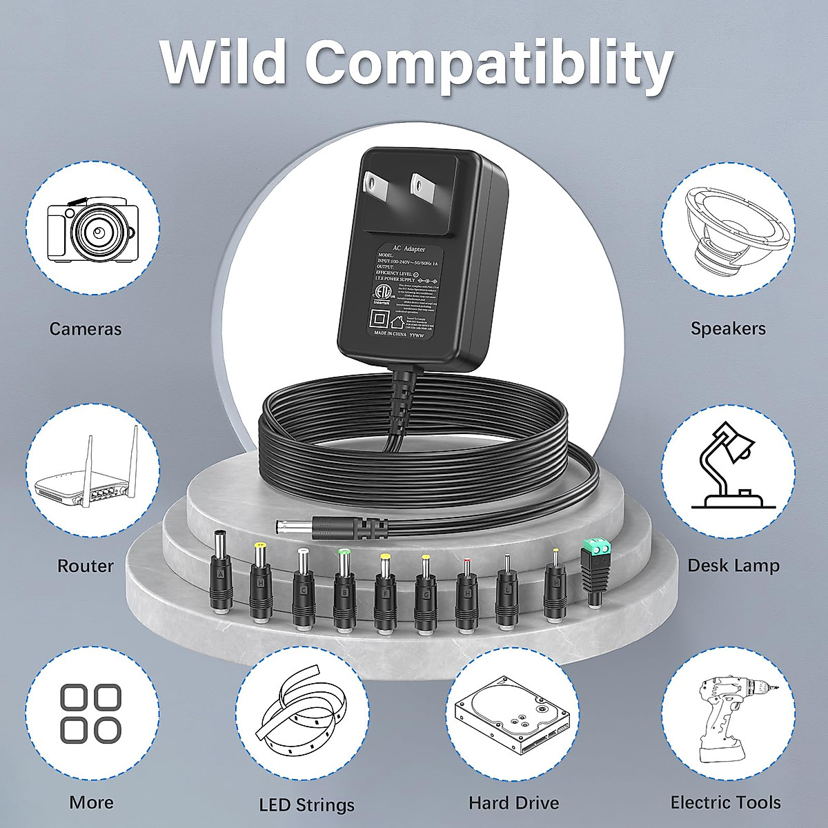 PERFEIDY 16V 2A 1.5A 1A Charger 32W Switching Power Supply Universal AC Adapter 16 Volt 2000mA 1500mA 1000mA Regulated Transformer Plug Cord with 10 Interchangeable Jacks DC Adaptor UL Listed