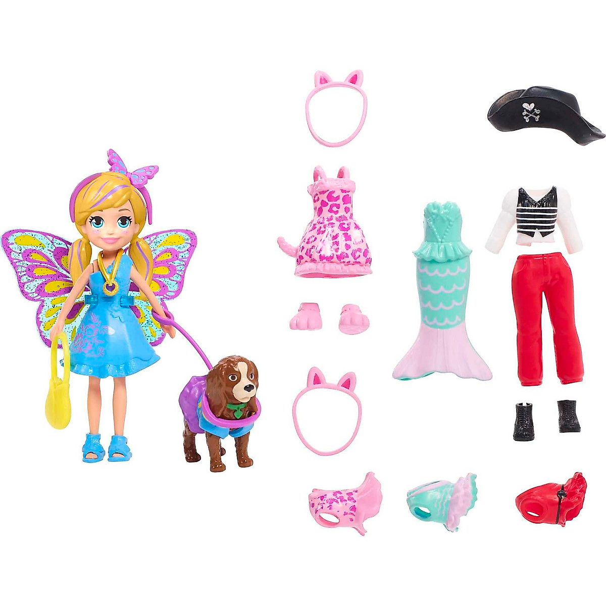 Polly Pocket Doll & Accessories, Masque ‘N Match Costume Pack with 3-Inch Small Doll, Pet, 4 Costumes for Doll & for Pet