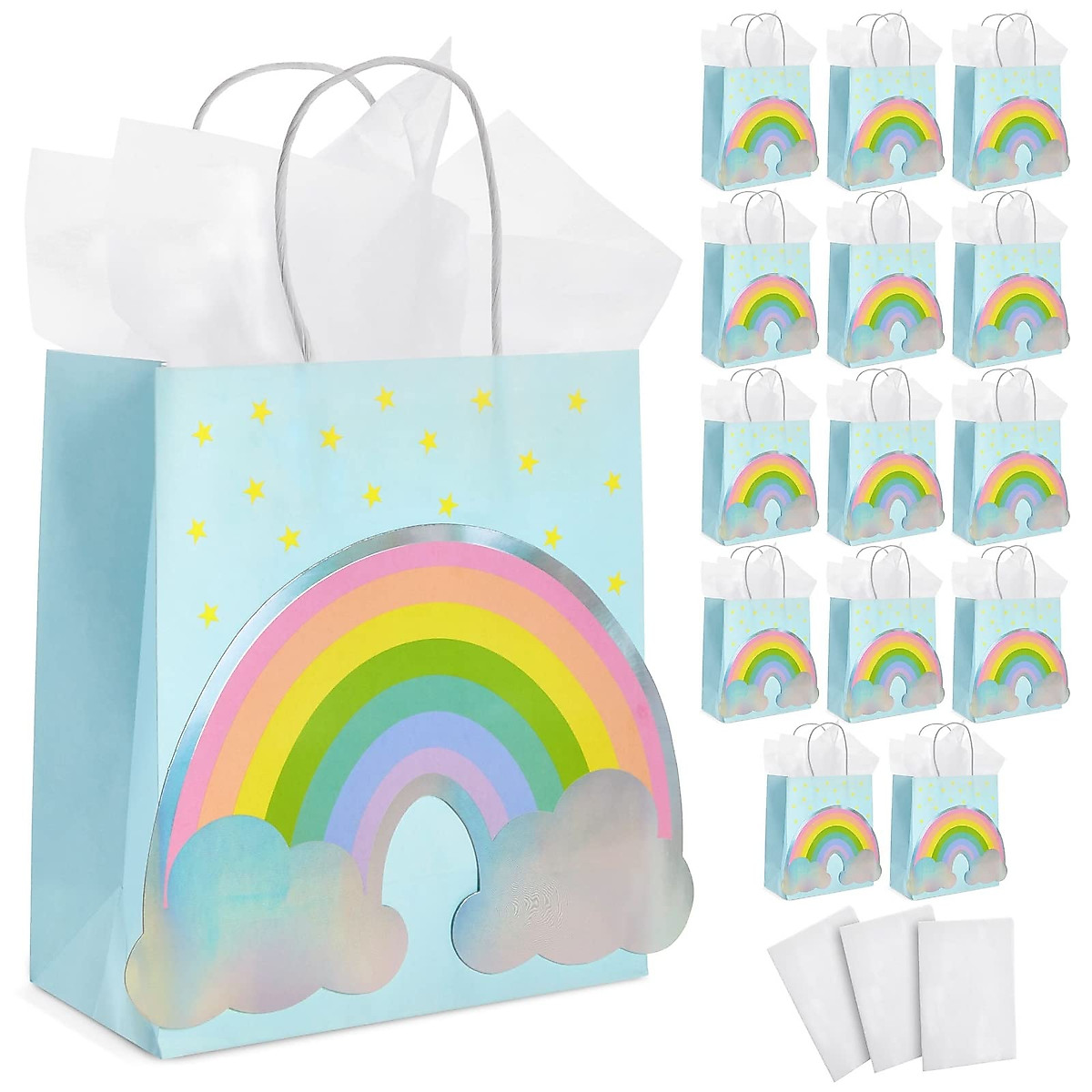 Rainbow Gift Bags with Handles and White Tissue Paper (15 Pack)