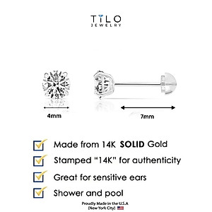 14k White Gold Solitaire Round Cubic Zirconia Stud Earrings with Silicone Pushbacks (4mm)…