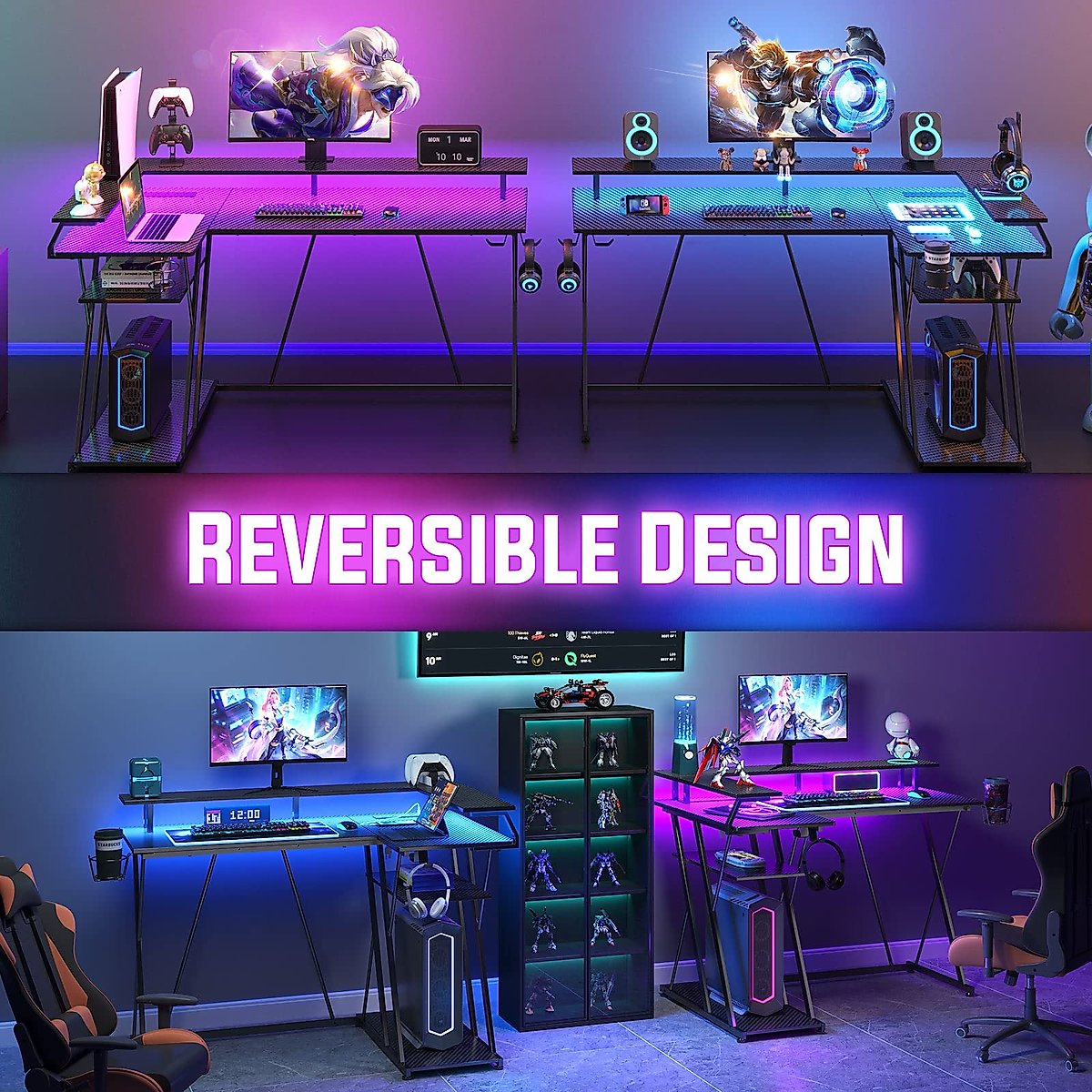 SEVEN WARRIOR L Shaped Gaming Desk with LED Lights & Power Outlets, 47” Reversible Corner Desk with Storage Shelf, Computer Desk with Monitor Stand, Gaming Table with Cup Holder, with Hooks, Black