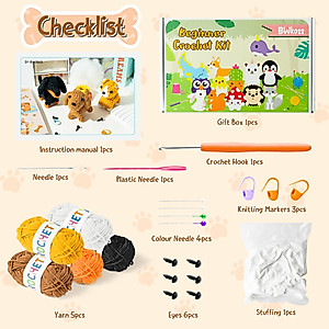 BWkoss Crochet Kit for Beginners, Cute Animal Dog Crochet Starter Kit Dachshund Golden Retriever Welsh Corgi DIY Yarn Knitting Craft Supplies with Step-by-Step Video Tutorials for Knitting Enthusiast
