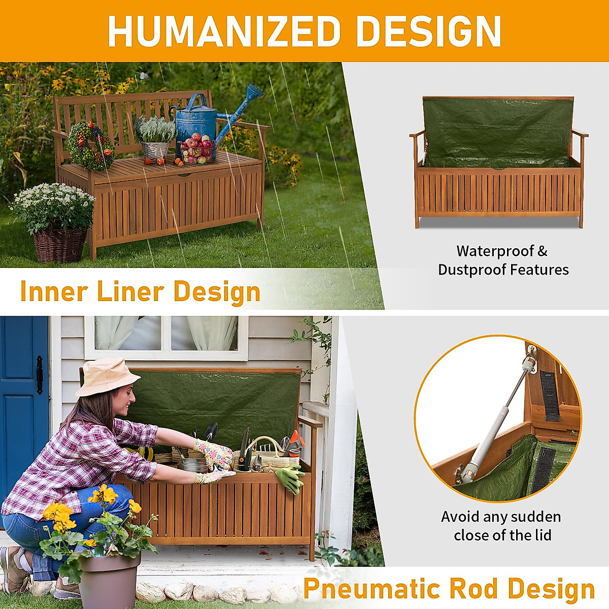 VINGLI 47in Outdoor Storage Bench Outdoor Bench with Storage, Garden Bench Patio Bench 43 Gallon Deck Storage Bench Porch Bench Wood Storage Bench