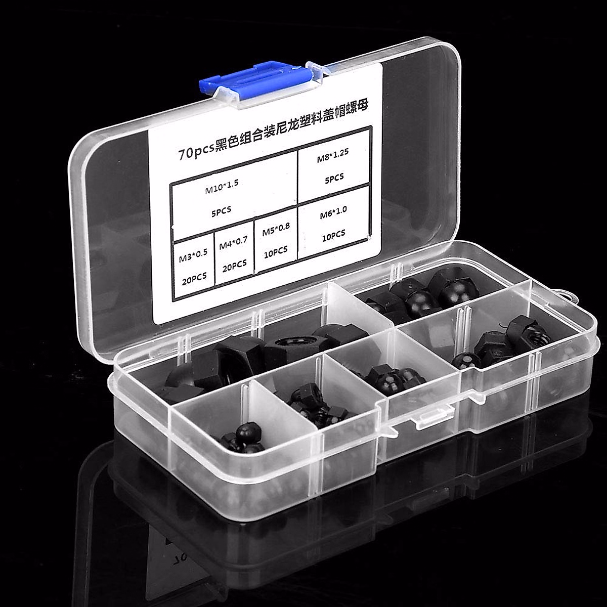 Dome Nut, 70Pcs Black White (Optional) Nylon Dome Head M3 M4 M5 M6 M8 M10 Hex Nuts Acorn Nut Kit, with Plastic Box(black)