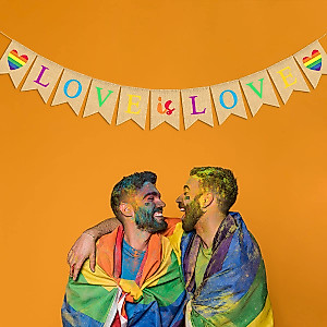 Jute Burlap LOVE IS LOVE Banner Pride Day Rustic Rainbow Heart LGBT Gay Lesbian Party Mantle Fireplace Decoration