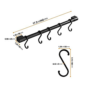 MIAOHUI Kitchen Rail with Hooks, Pan and Pot Hangers for Kitchen Wall Mount, Kitchen Utensil Rack with Removable S Hook, Aluminum (17.3inch_Black_5Hooks)