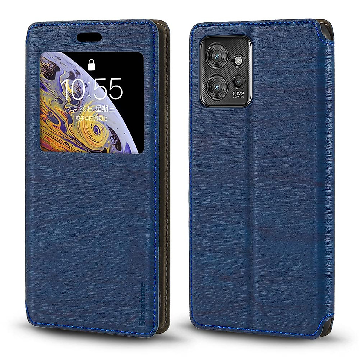 Shantime for Lenovo ThinkPhone 5G Case, Wood Grain Leather Case with Card Holder and Window, Magnetic Flip Cover for Lenovo ThinkPhone 5G (6.6”) Blue