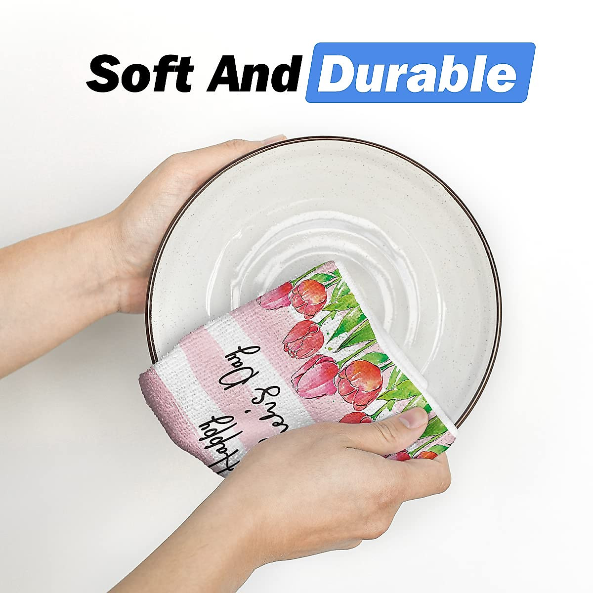 Artoid Mode Watercolor Stripes Buffalo Plaid Tulip Blessed Mama Happy Mother's Day Home Kitchen Towels, 18 x 26 Inch Ultra Absorbent Coffee Tea Bar Hand Towels Gift for Cooking Baking Set of 2