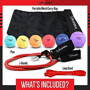 Valorem Sports Plyo Weighted Balls Baseball Set - Bonus J-Bands, Loop Bands & Carry Bag - Set of 6 (3.5 to 32 oz) - Soft Shell, Weighted Balls for Pitching, Hitting & Batting Training