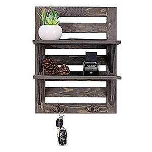 VERGOODR Rustic Wooden Wall Mounted Organizer Shelves with 2 Hooks, 2-Tier Storage Rack, Decorative Wall Shelf Organizer,Kitchen,Bathroom,livingroom Farmhouse Rustic Décor,Grey (Grey)