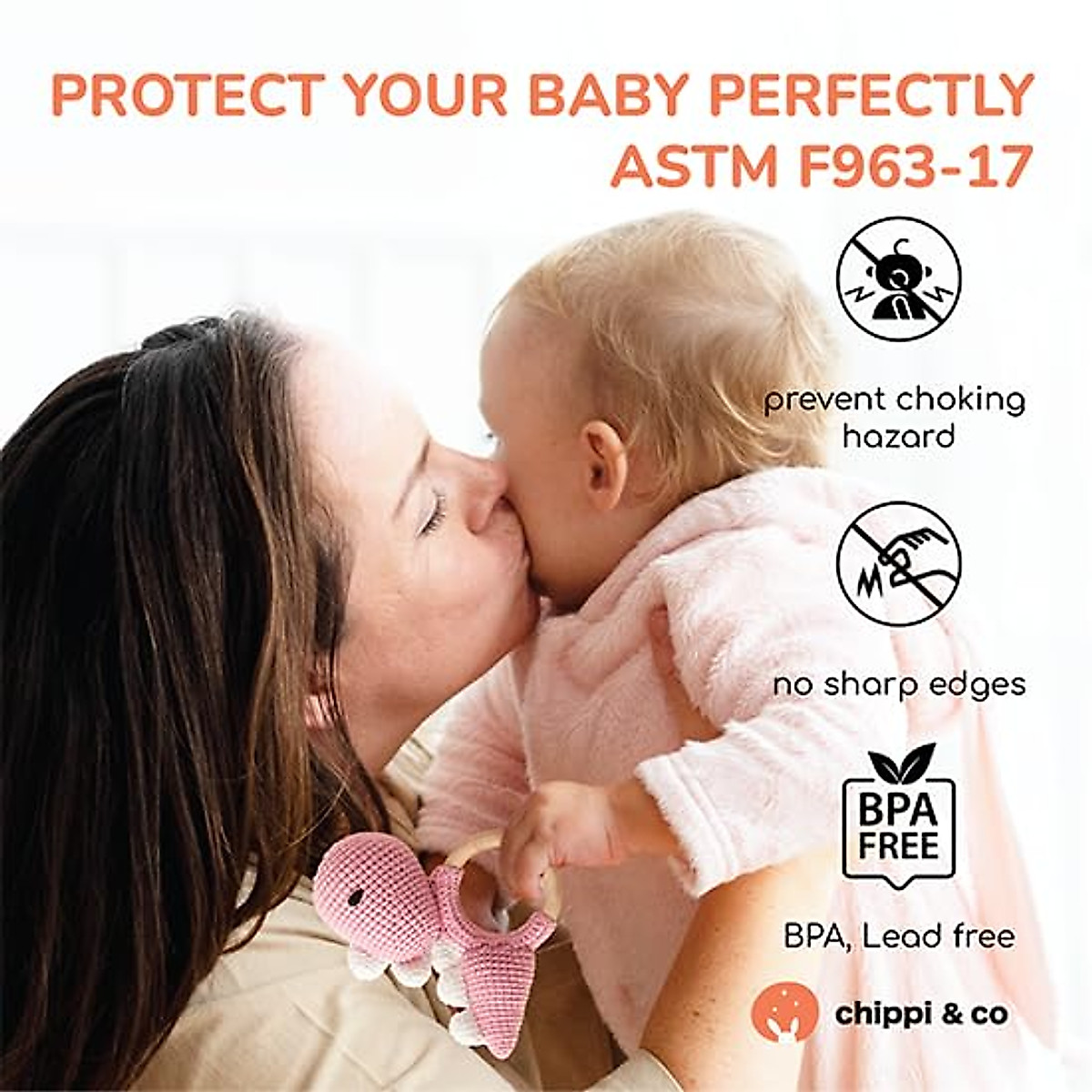 Chippi & Co Wooden Crochet Baby Rattle, Crochet Toys Stuffed Animals Easter Gifts for Kids, Newborn Toys, Unique Easter Basket Stuffers, Basket Filler, Cute Baby Shower Decor (Didi The Pink Dinosaur)