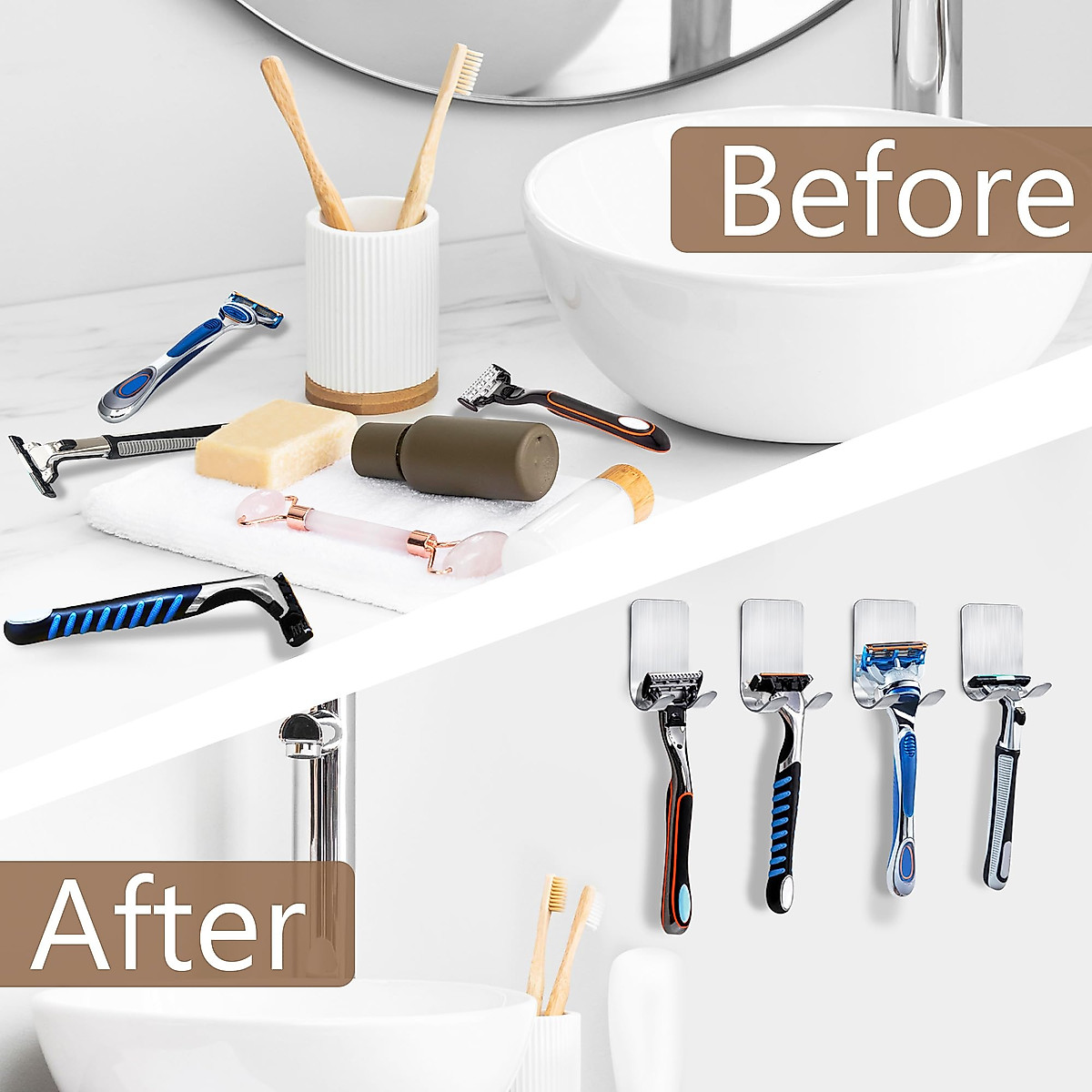 klasit Razor Holder for Shower,Silvery Stainless Steel Razor Holder, Waterproof Self-Adhesive Shaver Holder,Simple Installation,Hanger Hooks for Bathroom or Kitchen Organisation