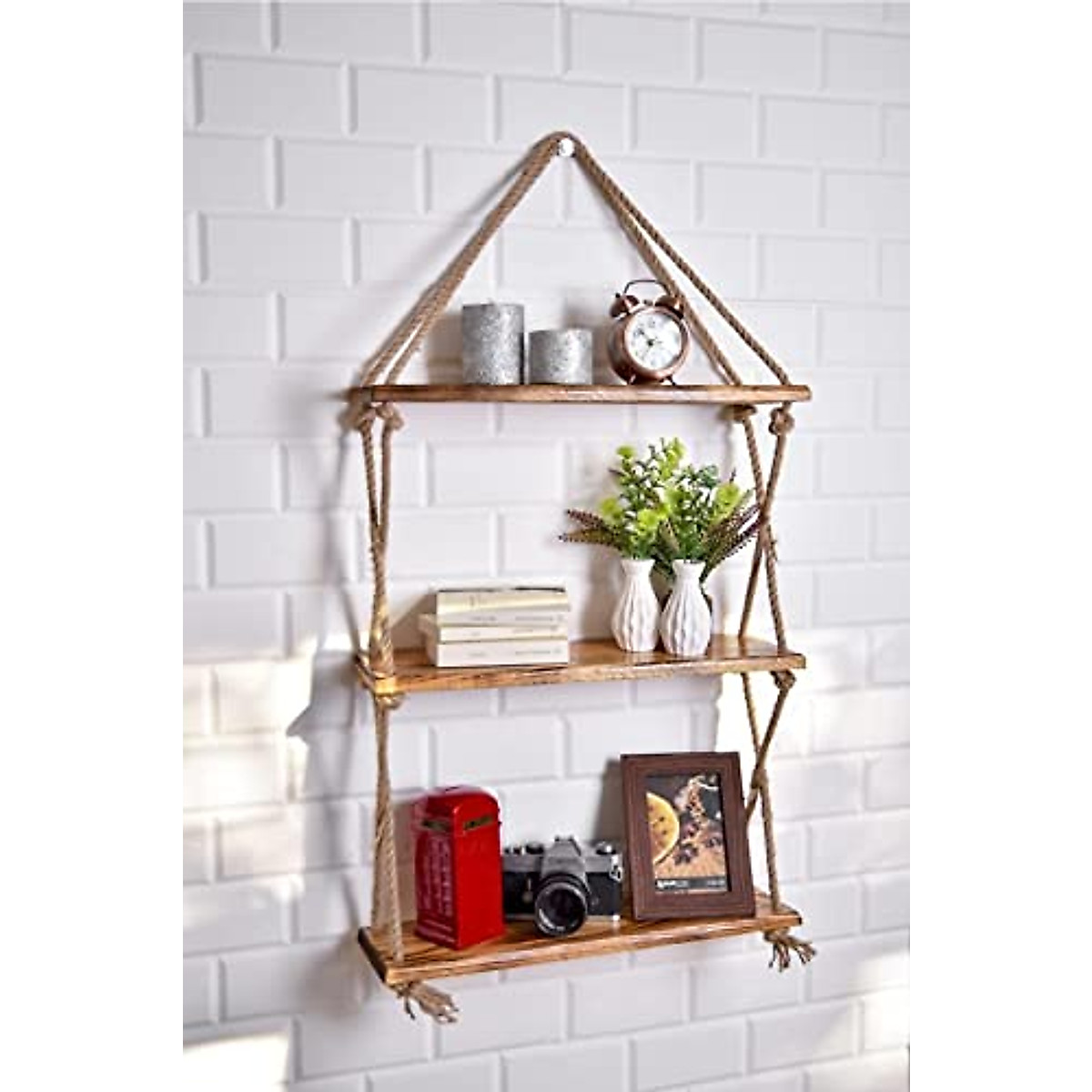 Varnished Retro Wood 3' Eye Rope Wall Shelf Bookcase Flower Holder, Home Wall Wood Shelf