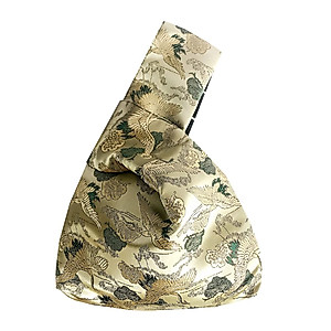 Damask Gold Fashion Art Japanese Kimono Pattern Wrist Bag Tote Handbag Knot Pouch Wallet Portable Purse for Women(Crane)