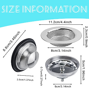 3 Pieces Kitchen Sink Stopper Strainer, 3 in 1 Kitchen Sink Basket Strainer, Universal Anti-Clogging Stainless Steel Sink Disposal Stopper, Perforated Basket Drain Filter Sieve