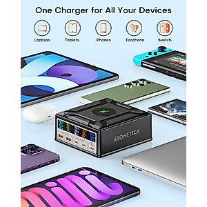 USB Charging Station,ASOMETECH 260W 5Ports Fast USB C Charging Station,140W PD3.1 USB C GaN Charger with LCD Display,Wireless Charger,Desktop USB Charging Hub for MacBook Pro/Air,iPad,iPhone,Samsung