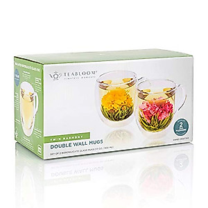 Teabloom Oversized Insulated Borosilicate Glass Mugs (17 oz / 500 ml) – Set Includes 2 Mugs + 2 Blooming Teas – Premium Quality Microwave Safe Glasses