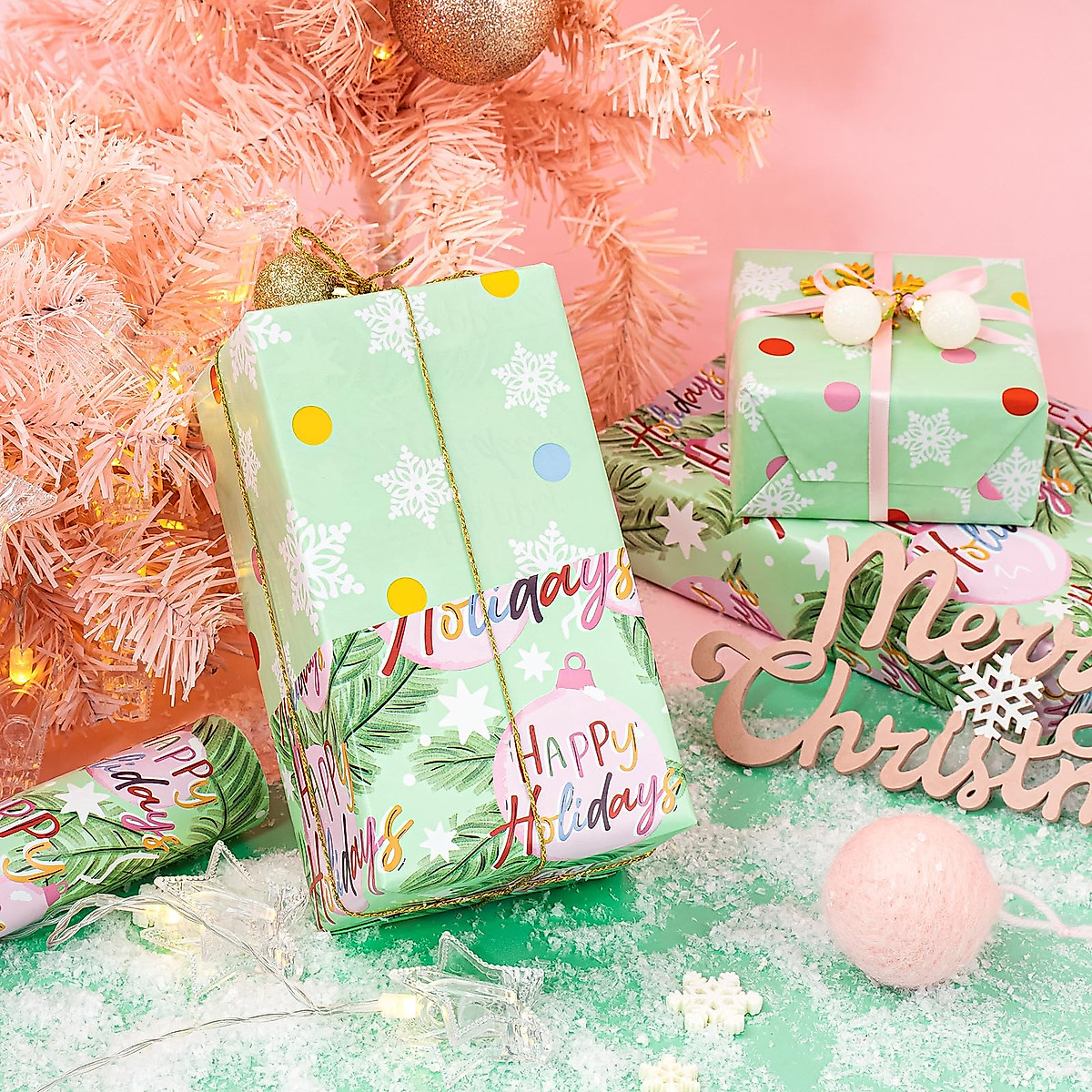 WRAPAHOLIC Reversible Christmas Wrapping Paper - Mini Roll - 17 Inch X 33 Feet - Happy Holiday Lettering with Christmas Ball Design for Chrsitmas, Holiday, Party Celebration