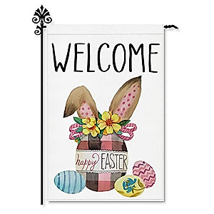 Welcome Easter Garden Flag: Bunny Ear with Eggs Spring Yard Flag 12 x 18 Inch Easter House Decor for Outdoor Holiday Seasonal Party
