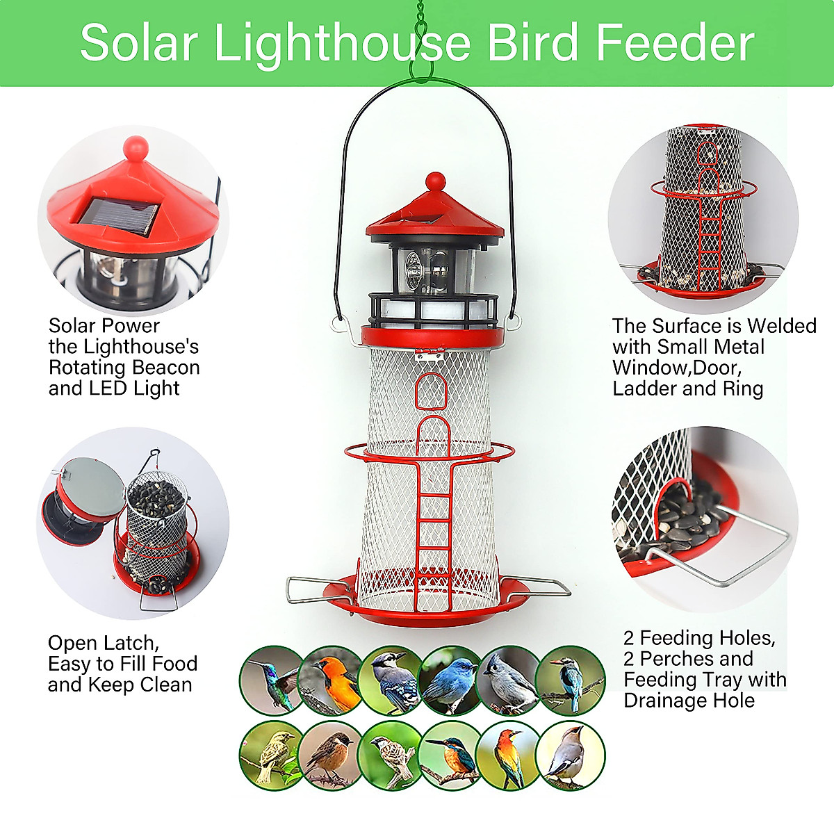 HSHD Solar Lighthouse Bird Feeder with Rotating Beacon Lamp - 14" Hanging Mesh Wild Bird Feeders for Outdoor Garden Decor Patio Lawn(Red)