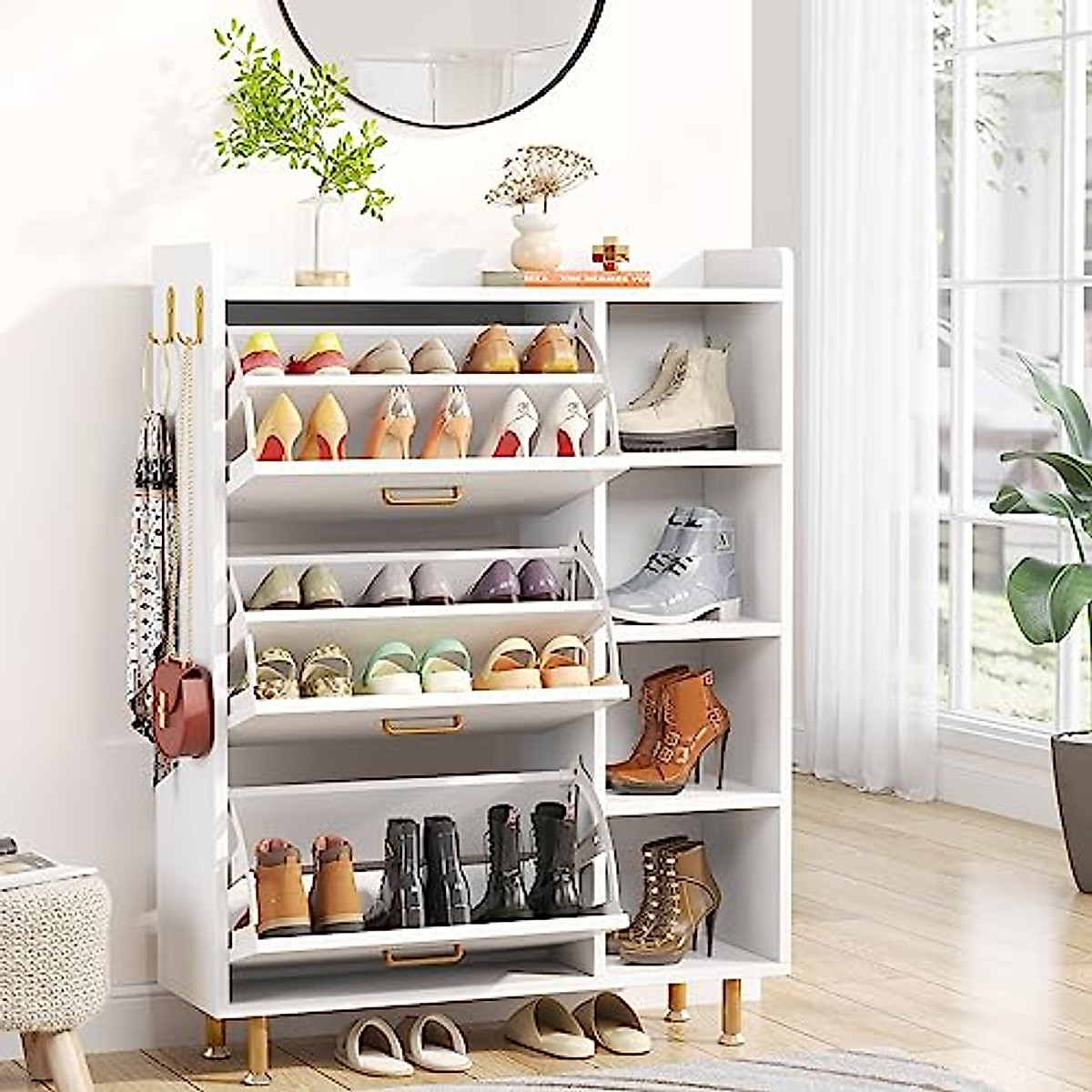 LITTLE TREE Shoe Cabinet, Freestanding Shoes Storage Cabinets with 3 Flip Drawers and Open Shelves for Entryway