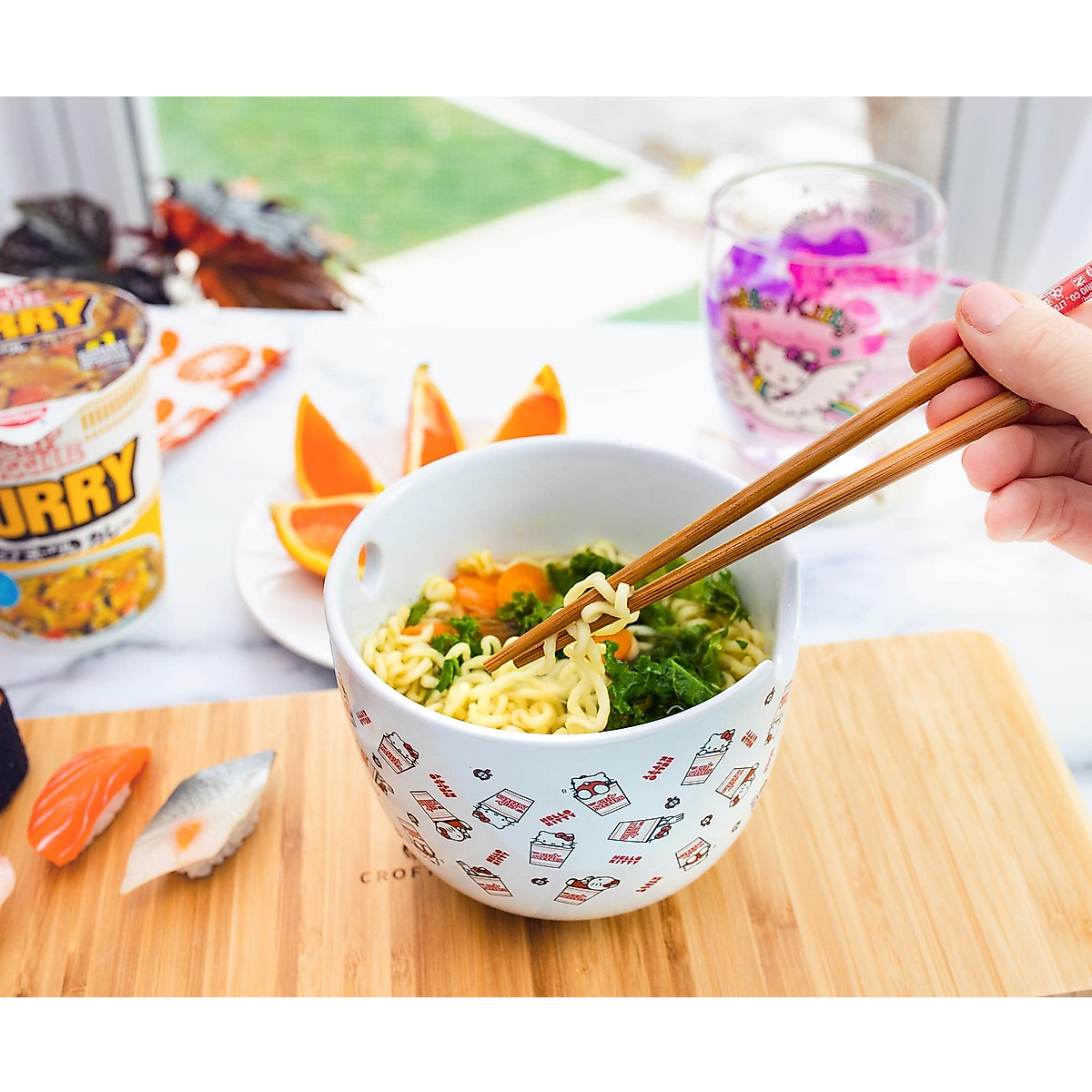 Toynk Sanrio Hello Kitty x Nissin Cup Noodles Ceramic Dinnerware Set | Includes 20-Ounce Ramen Noodle Bowl and Wooden Chopsticks