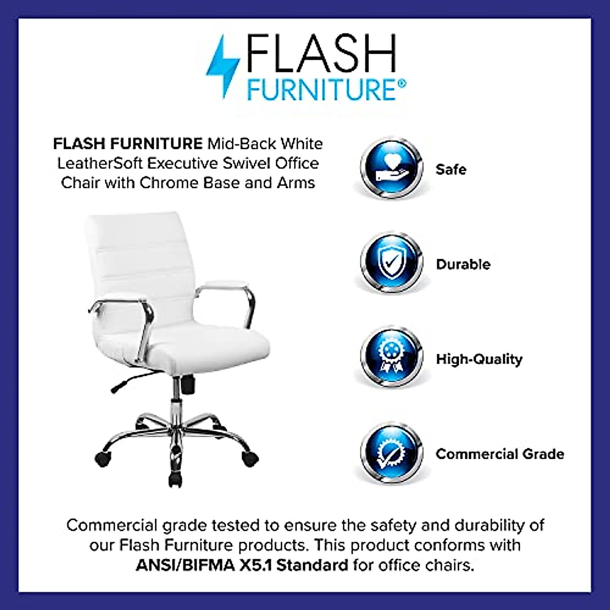 Flash Furniture Whitney Mid-Back Desk Chair - White LeatherSoft Executive Swivel Office Chair with Chrome Frame - Swivel Arm Chair