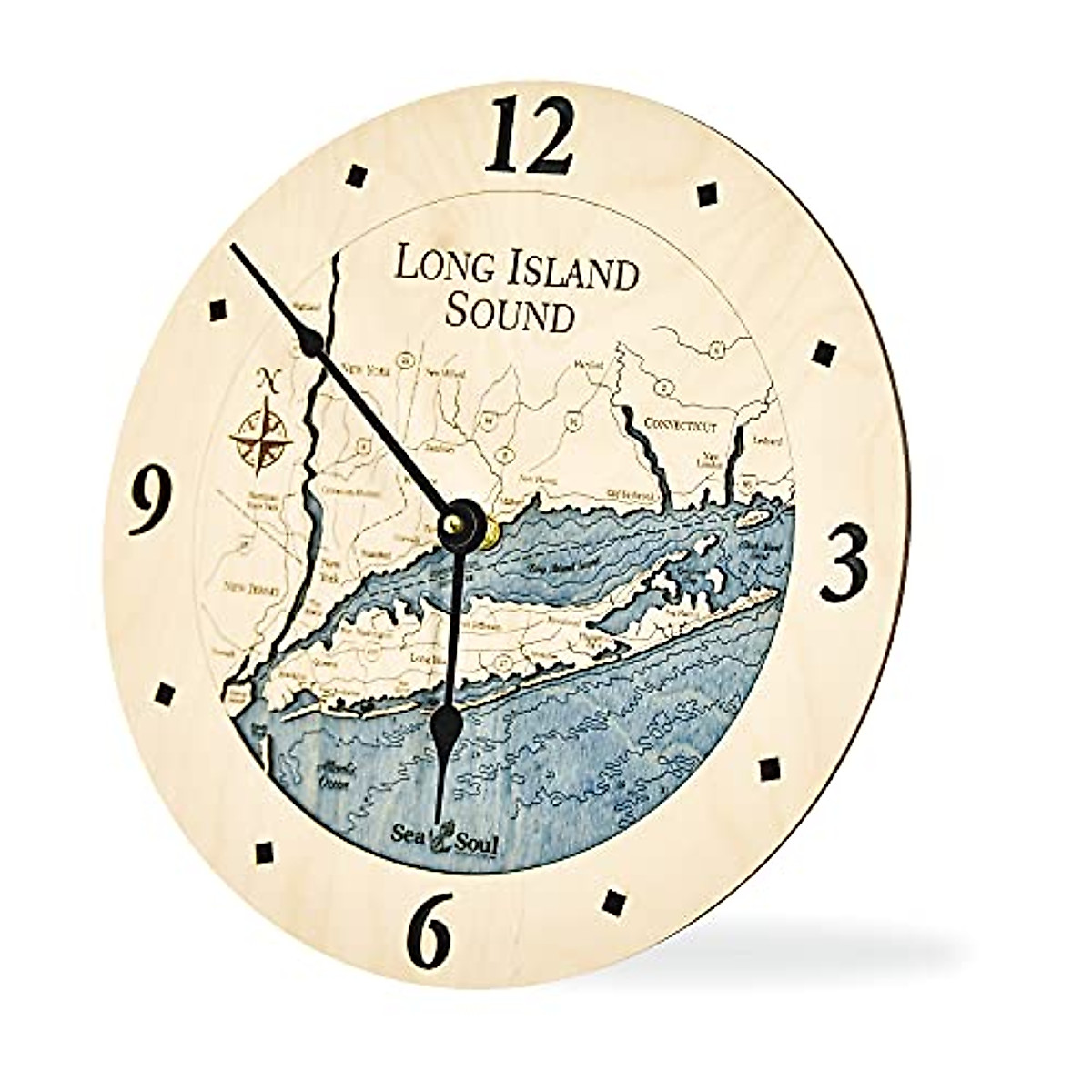 Sea & Soul Long Island Sound 3-D Nautical Wood Chart 12" Wall Clock, Handcrafted in The USA, Topographic Water Map Clock, Carved Lake Art Wall Clock, Coastal Décor (Deep Blue)