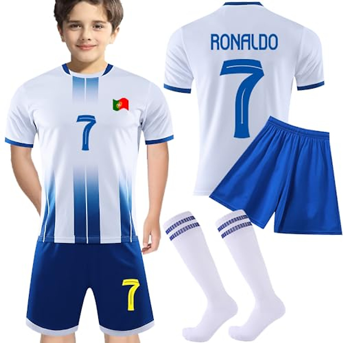 ELTONYA Portugal Soccer Jersey for Kids Boy Ronall’do #7 World Cup HOM-Awy Kit Youth Sports Team Jersey&Shorts Soccer Uniform White
