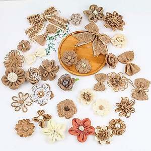 VGOODALL 32 PCS Natural Burlap Flowers Set,Burlap Lace Flowers Bowknot,for Wedding Party Decor Home,Embellishment DIY Crafts