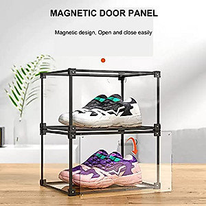 KOKOIN Magnetic Side Open Transparent Plastic Storage Shoe Box Clear Shoe Display Case Sneaker Shoe Storage Box Display Box Shoe Container Clear Closet Shelf Shoe Organizer (Black 4PC)