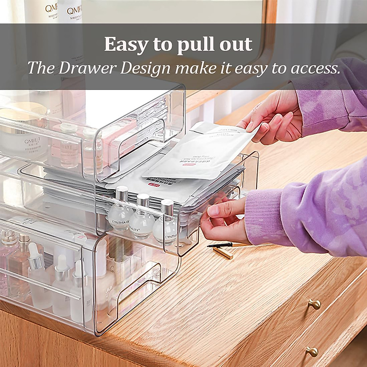 YouLike 2pack Stackable Fridge Drawers Pull Out Bins for Refrigerator Organizer Clear Food Storage Container Set With Drain for Pantry Kitchen Cabinet Office Organization