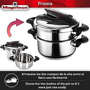 MAGEFESA ® Prisma 4.2 + 6.3 Quart Stove-top Super Fast Pressure Cooker, Easy Smooth Locking Mechanism, Polished 18/10 Stainles Steel, Suitable Induction, 5 Security Systems, 11.6 PSI Working pressure