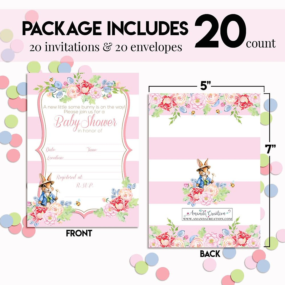Amanda Creation Little Bunny Rabbit Baby Shower Invites for Girls, 20 5x7 Double Sided Fill In Pink Bunny Invitations with Twenty White Envelopes Floral Cards It’s A Girl