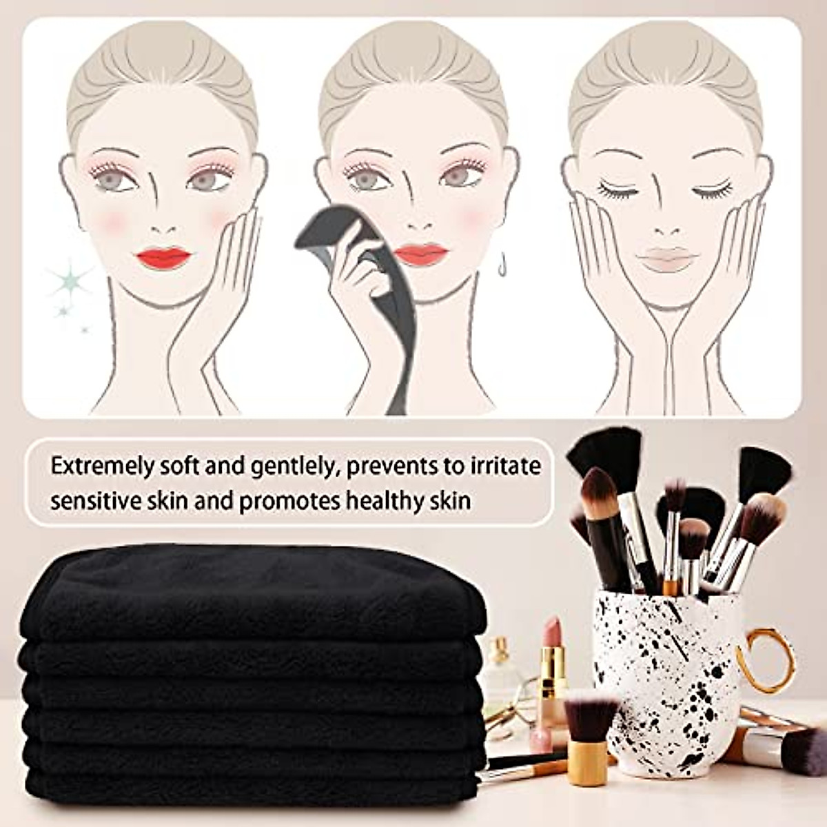 SINLAND Microfiber Makeup Remover Cloths Reusable Face Towel Soft Facial and Skin Care Wash Cloth 9.8Inchx9.8Inch 6 Pack Black