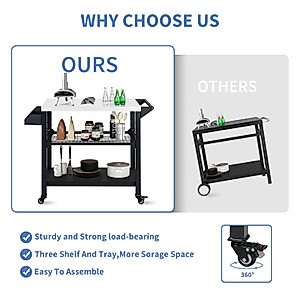 Polar Aurora Three-Shelf Movable Outdoor Grill Cart Pizza Oven Stand, Multifunctional Kitchen Food Prep Table with Drawer, Stainless Steel Desktop Dining Worktable on 4 Wheels & Seasoning Tray
