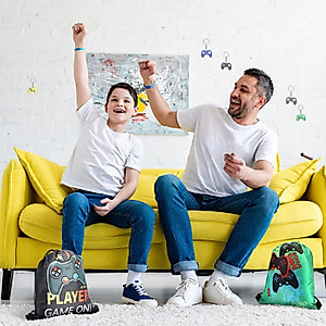 Hungdao 48 Pcs Video Game Party Favors 16 Gamer Party Drawstring Bags Gaming Goodie Bag 16 Wristbands 16 Keychains for Birthday Party