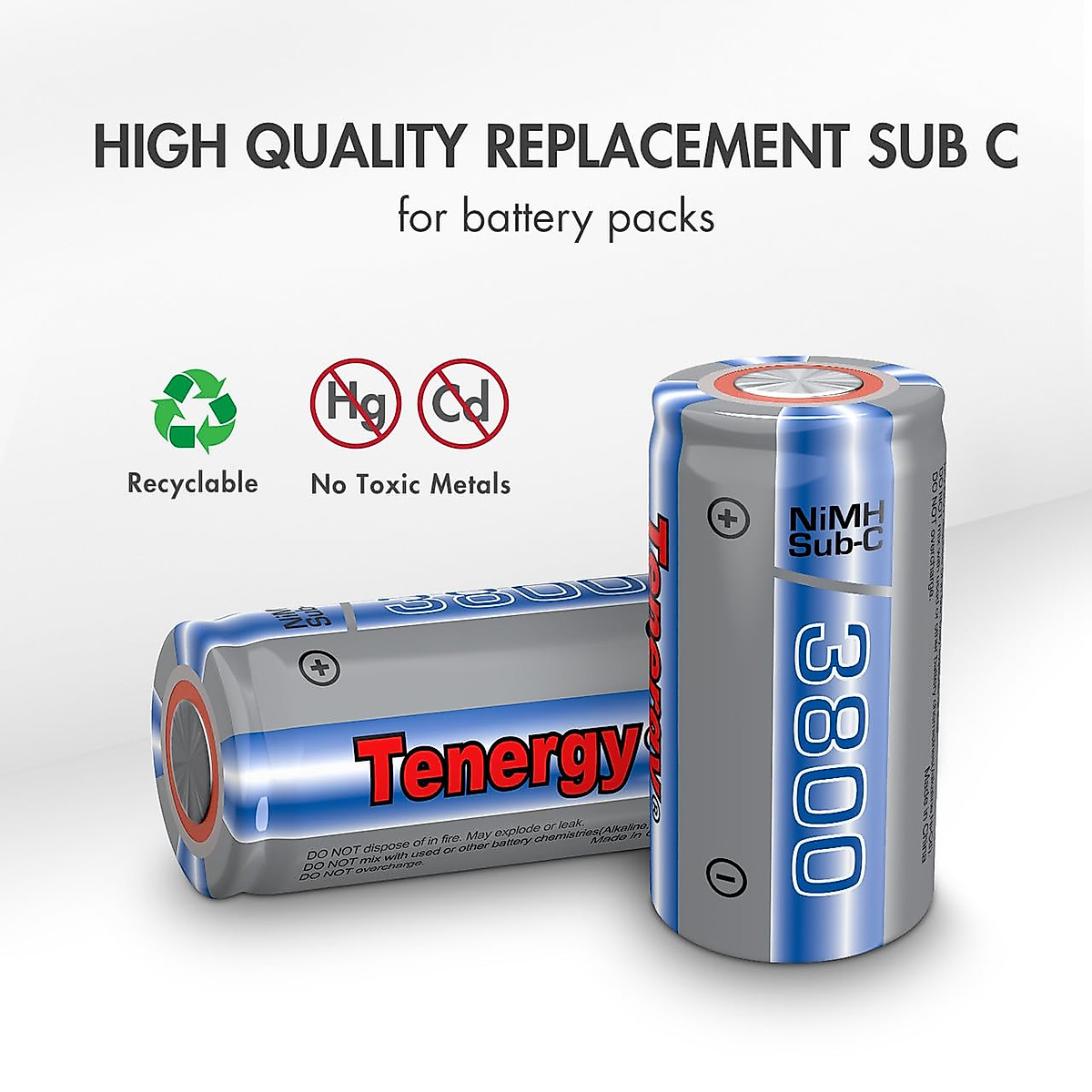 Tenergy Propel Sub C 3800mAh NiMH Flat Top Rechargeable Batteries (Special Size) Flat TOP