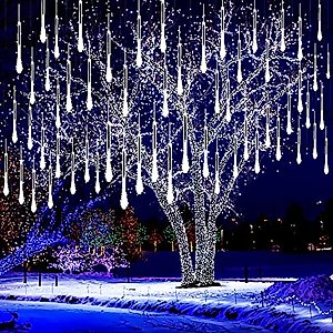Kwaiffeo Christmas Lights Outdoor, Meteor Shower Lights Falling Rain Lights 12 inch 8 Tube 192 LED Snow Falling Icicle Cascading Lights for Xmas Tree Halloween Decoration Wedding Party, UL Plug, White