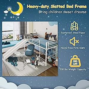 Giantex Twin Loft Bed with Slide, Metal Low Bunk Bed w/Safety Guardrails & Built-in Ladder, Toddler Bed Floor Frame for Boys & Girls, No Box Spring Needed (White)