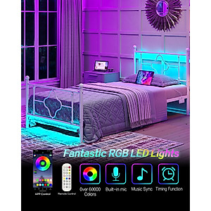CollaredEagle Twin Size Bed Frame with Headboard and Footboard, Classic Metal Platform Bed Frame with Charging Station and LED Lights, Heavy Duty Slat Support Metal Bed Frame, No Noise, White