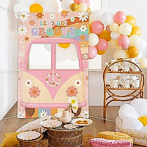 Vansolinne Hippie Photo Booth Props Bus Groovy Birthday Party Decorations Selfie Frame Banner Boho Rainbow Daisy Van Photography Background Retro 60s 70s Decor Four People Peace Love Party