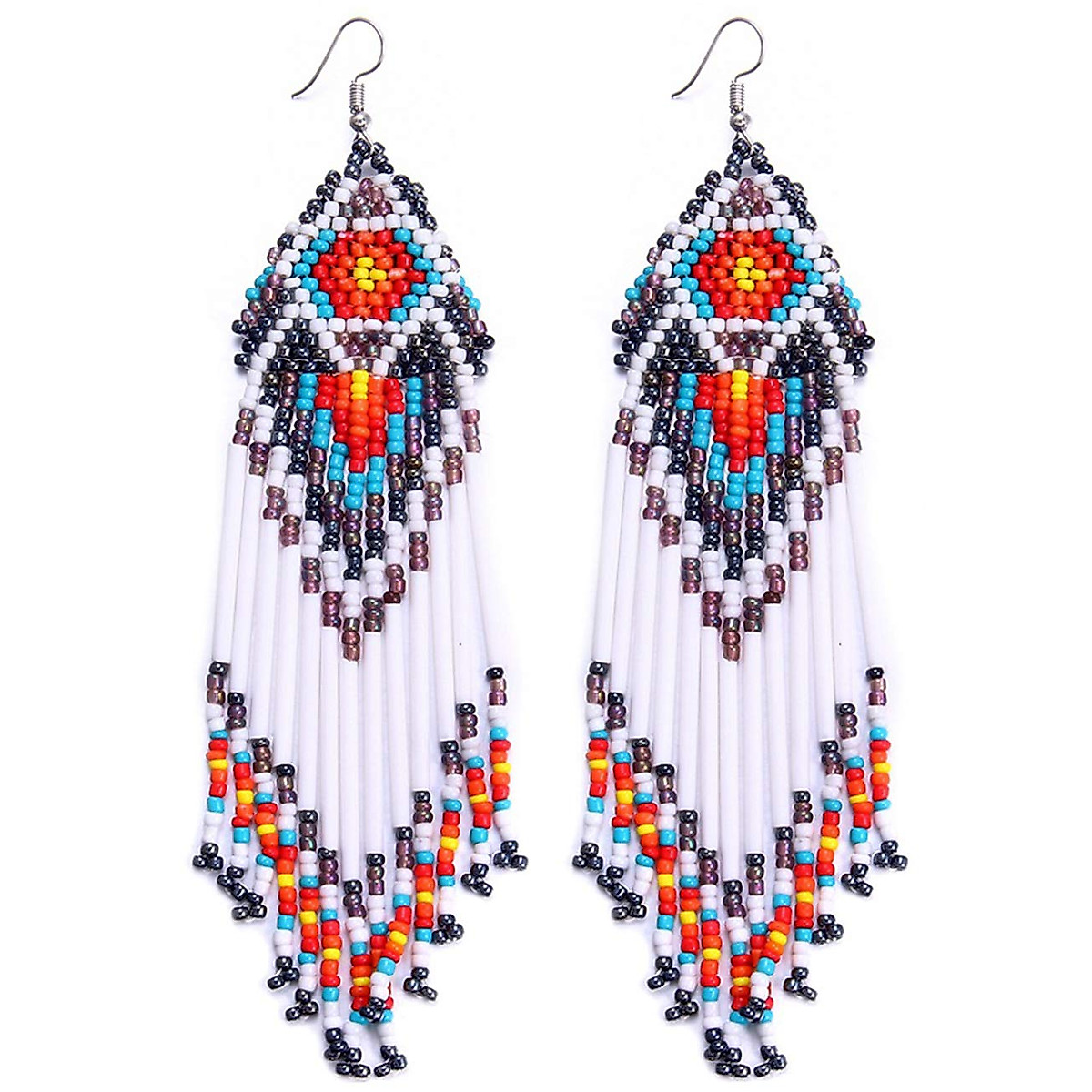 Coeufuedy White Beaded Earrings for Women Seed Bead Earrings Bohemian Statement Drop Fringe Earring for Girls(White)
