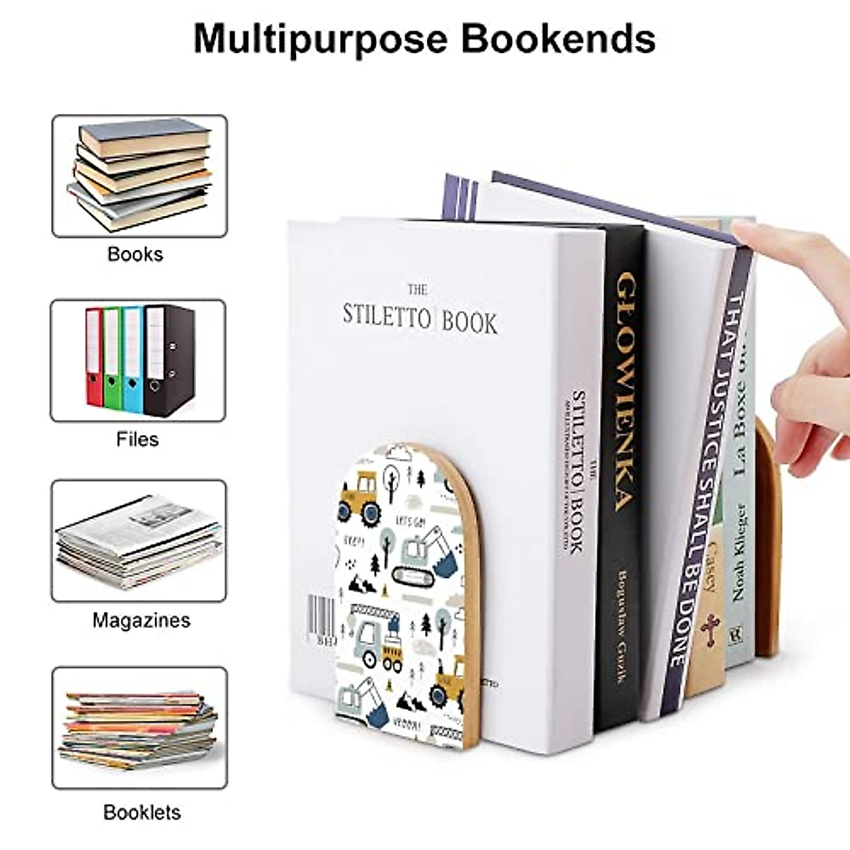 Book Ends Cute Car Childish Cartoon Bookends for Shelves to Hold Books Heavy Duty Non-Slip Book Stoppers Wood Decorative Home Office