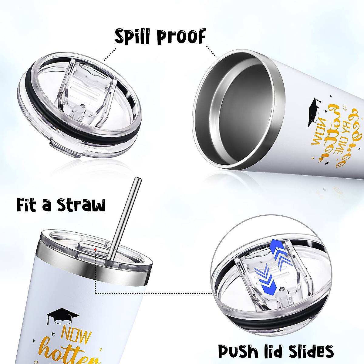 Graduation Present, 22 oz Graduation Tumbler Now Hotter by One Degree Travel Tumbler Insulated Stainless Steel Vacuum Double Wall Travel Tumbler Mug with Lid, Straw and Brush for College High School